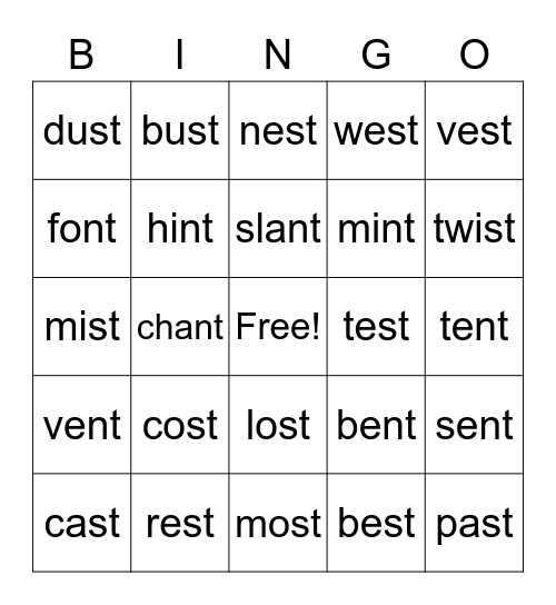 Final Consonant Blends -nt & -st Bingo Card