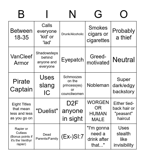 "Dashing Scoundrel" Rogue RPer Bingo Card