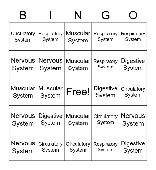Body Systems Bingo Card