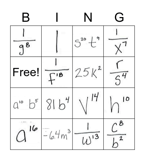 Exponent Rule Bingo Card