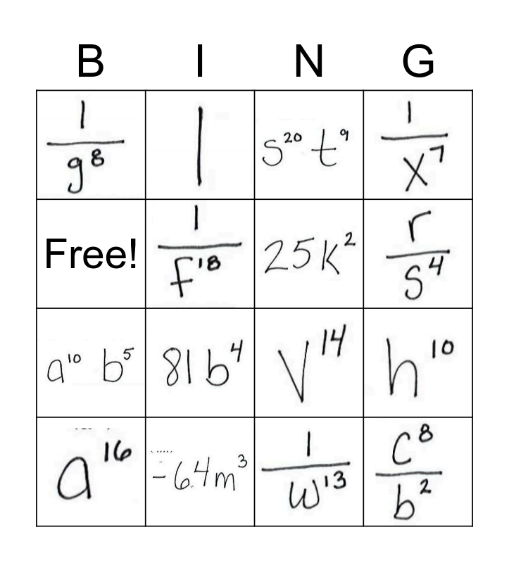 Exponent Rule Bingo Card