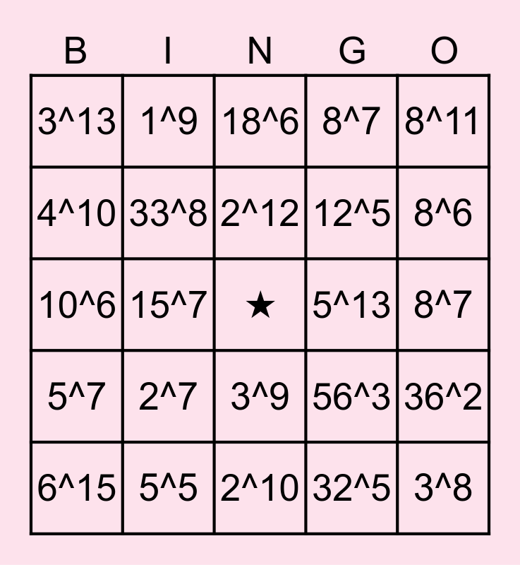 Exponent Bingo Card