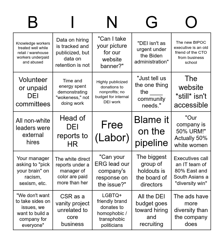 Performative Diversity Bingo Card