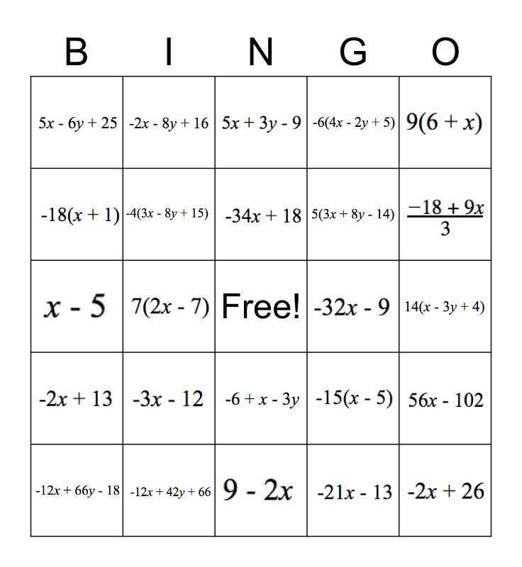Distributive Property & Factoring Bingo Card