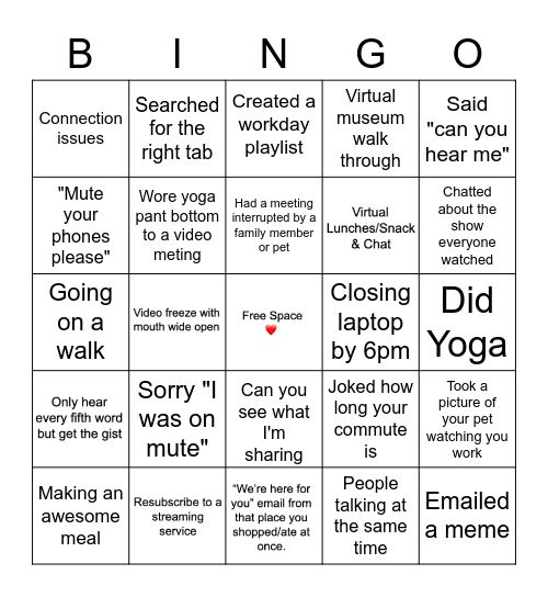 Remote Work Bingo Card