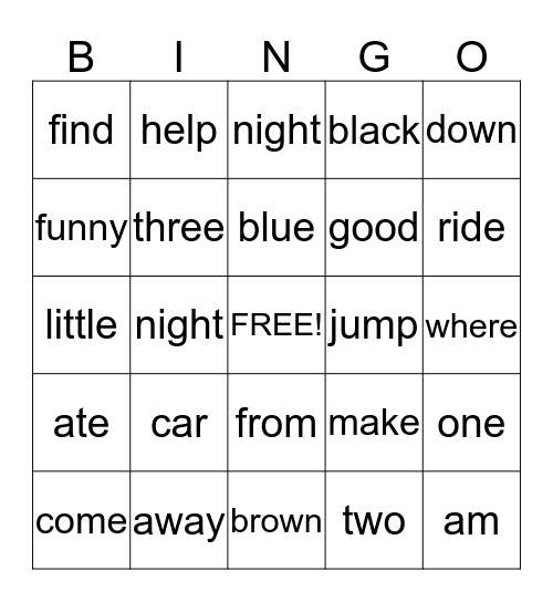 Word Wall Words Bingo Card