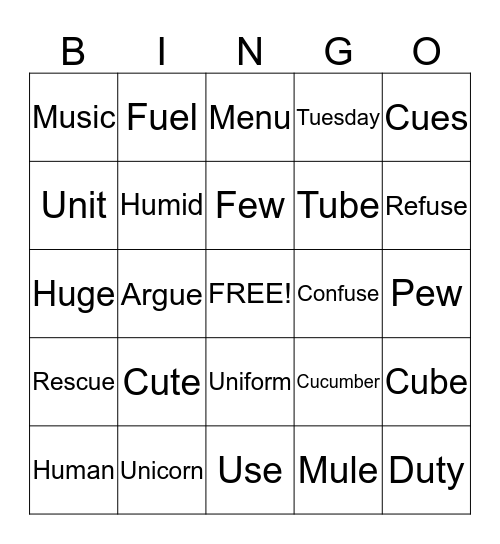 Long U Bingo Card