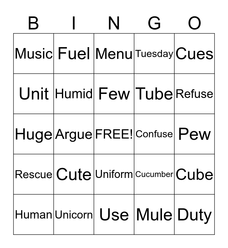 Long U Bingo Card