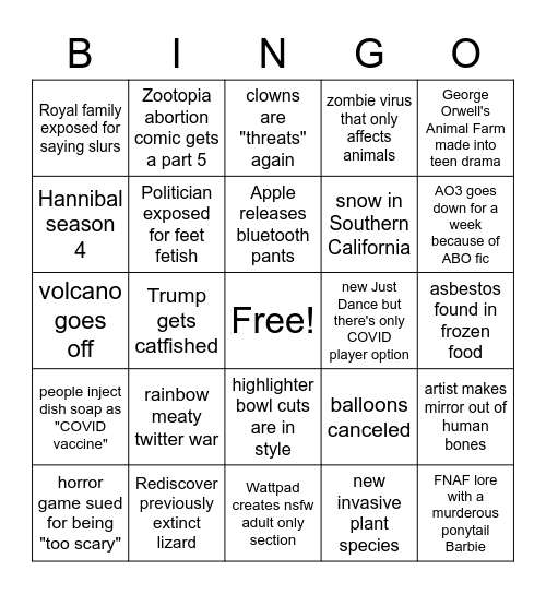 Cursed 2021 Bingo Card