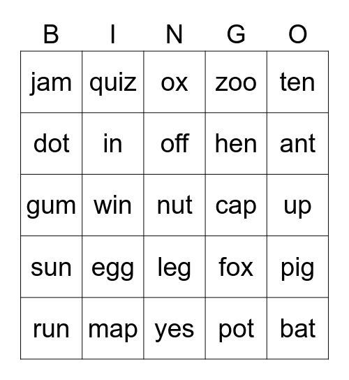 Simple Phonics Bingo Card