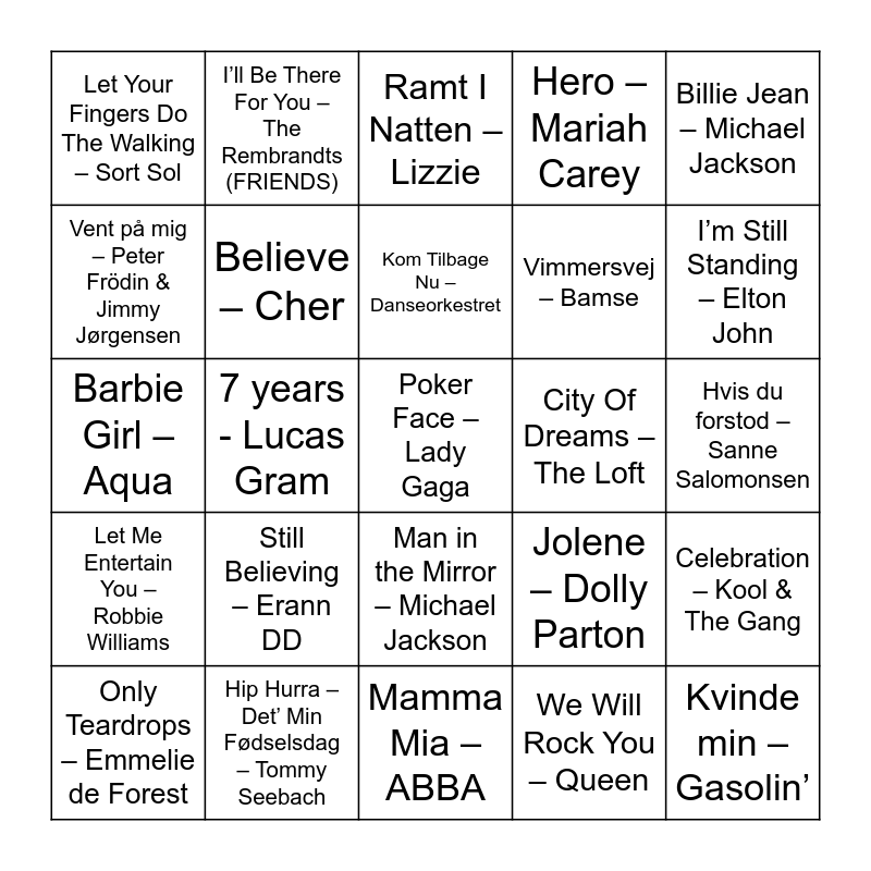 Greatest Hits Bingo Card