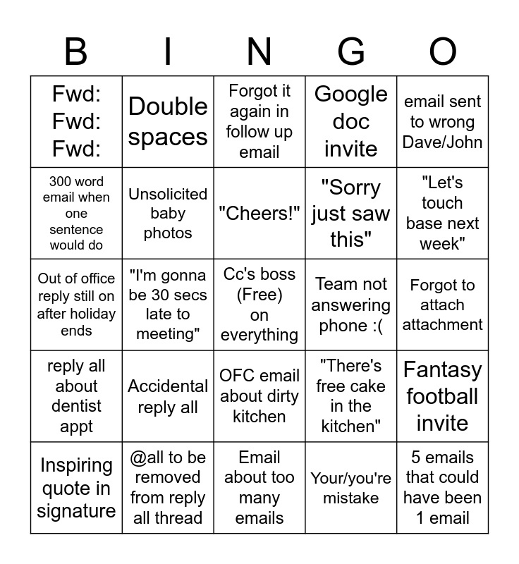 Work Email Bingo Card