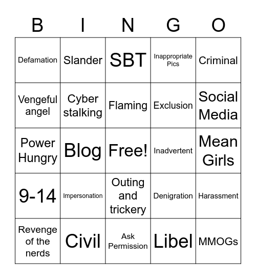 Cyberbullying Bingo Card