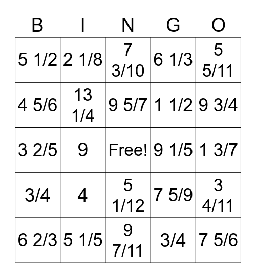 Adding and subtracting Mixed Number Bingo Card