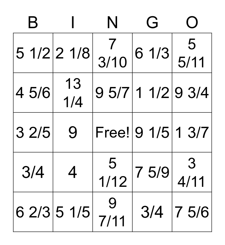 Adding and subtracting Mixed Number Bingo Card