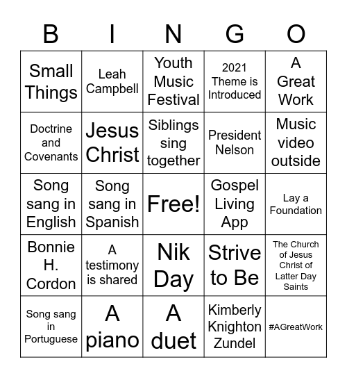2021 Youth Music Festival BINGO Card