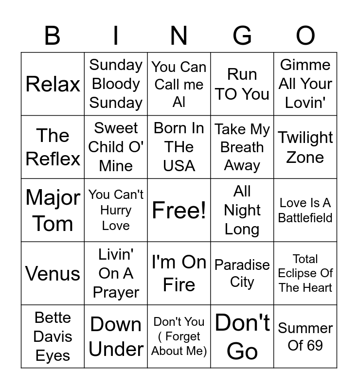 Best Of The 80's Bingo Card