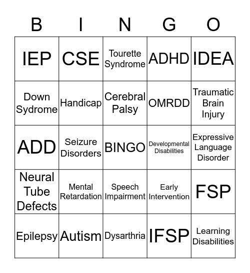 Developmental Disabilities Bingo Card
