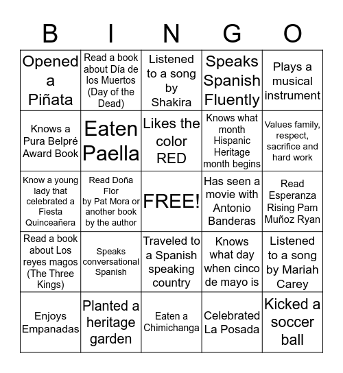 Latin, Latino, Hispanic, Chicano Bingo Card