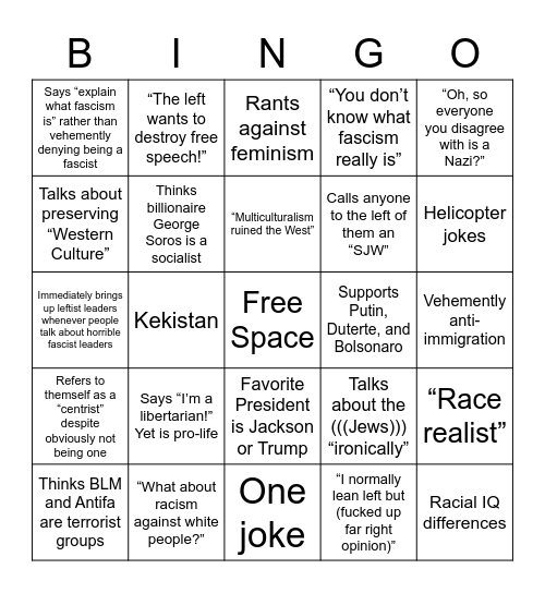 Crypto-Fascist Bingo Card