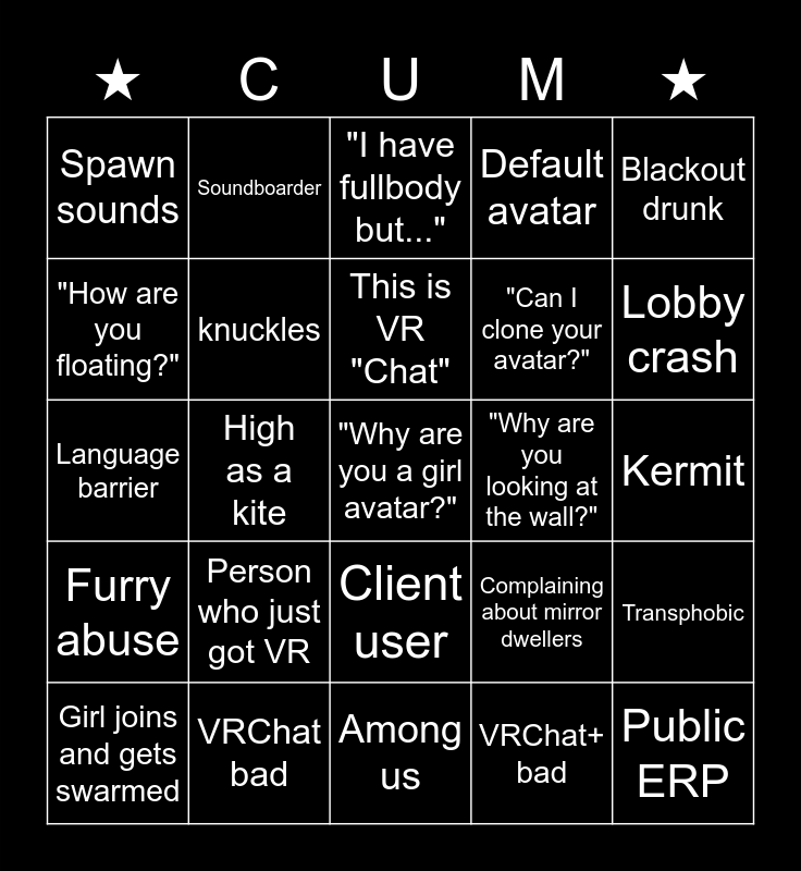 VRC Bingo Card