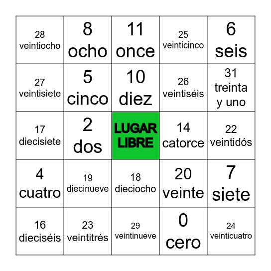 Números 0-31: Una introducción Bingo Card