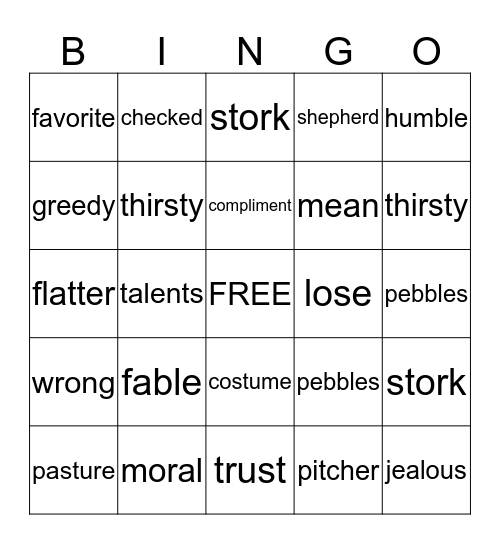 Aesop Fables Bingo Card