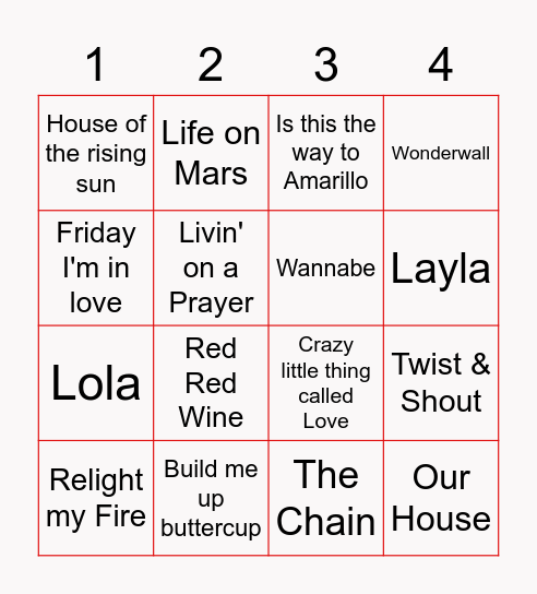 Red Nose Day Music Bingo 4x4 Bingo Card
