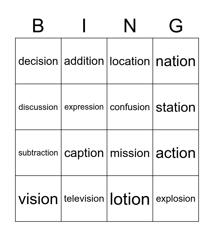 -tion & -sion Words Bingo Card