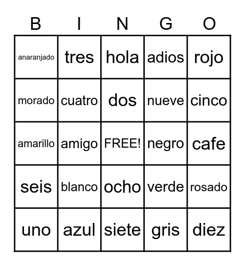 Spanish Colores y Numeros Bingo Card