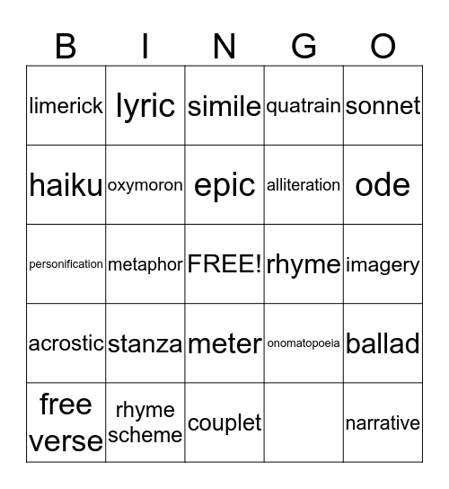 Poetry Vocabulary Bingo Card