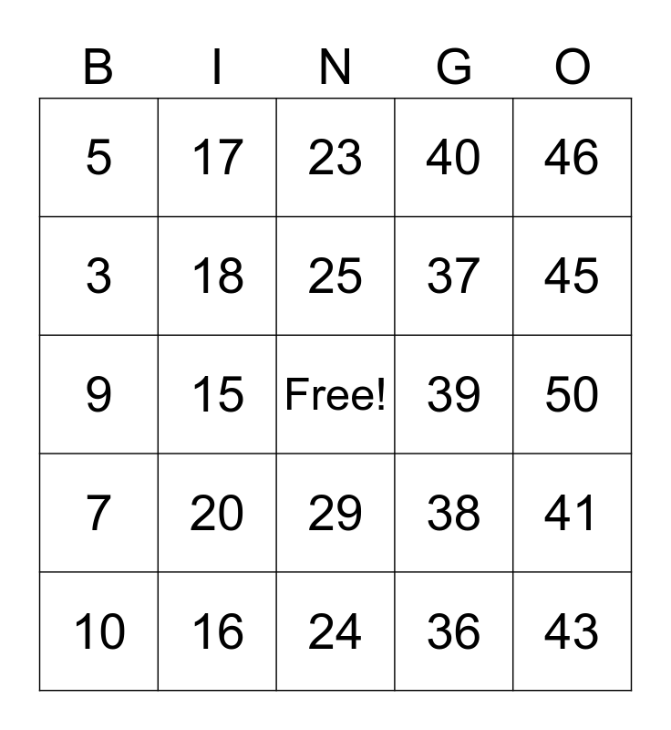 Number Bingo 1-50 Bingo Card