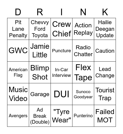 NASCAR Bingo Card