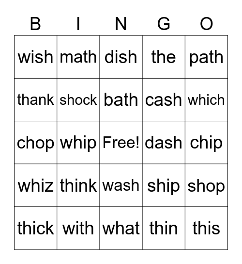 digraphs Bingo Card