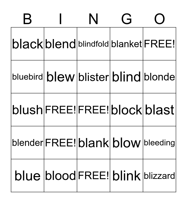 Bl words Bingo Card