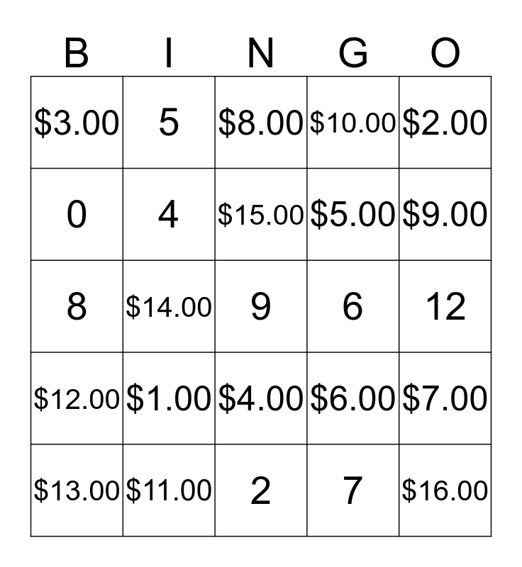 Next Dollar and Multiplication Bingo Card