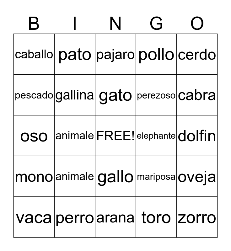 Animals In Spanish Bingo Card