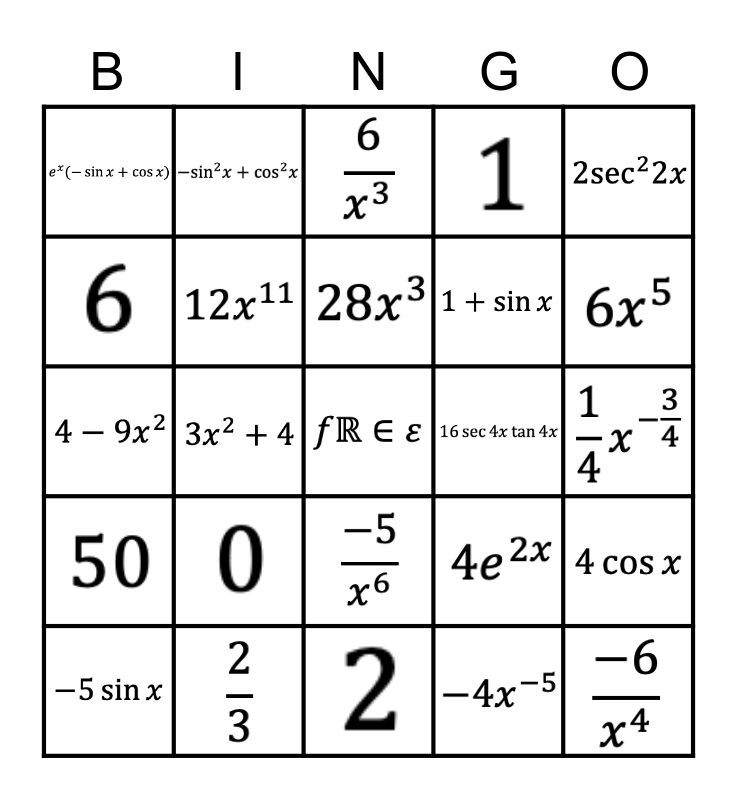 DERIVATIVE BINGO Card
