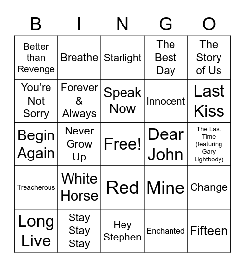 Taylor Swift Bingo Round 1 Bingo Card