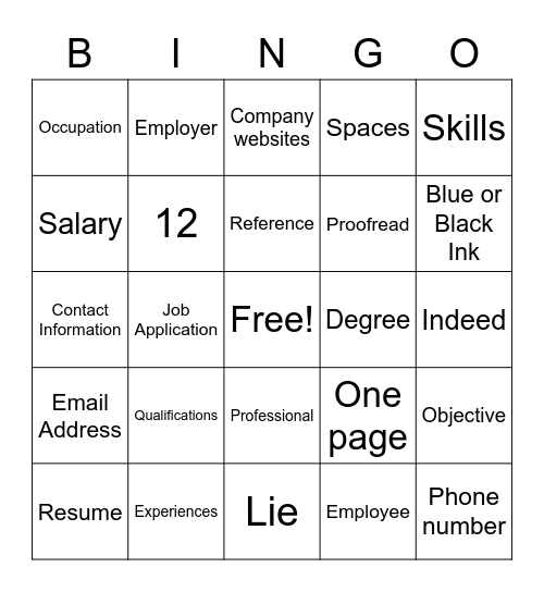 Resumes and Applications Bingo Card