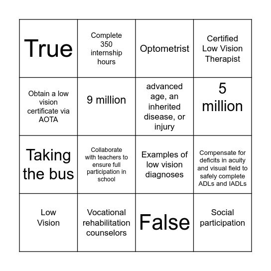 Vision Rehab General Info Bingo Card Vision Rehab General Info Bingo Card