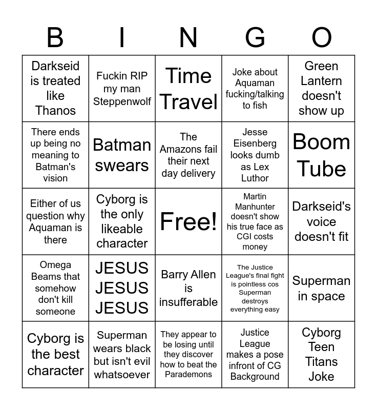 Zach Synder's DC's Warner Bros' Justice League Bingo Card