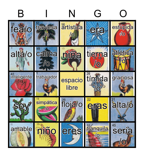 Lotería - adjetivos descriptivos Bingo Card