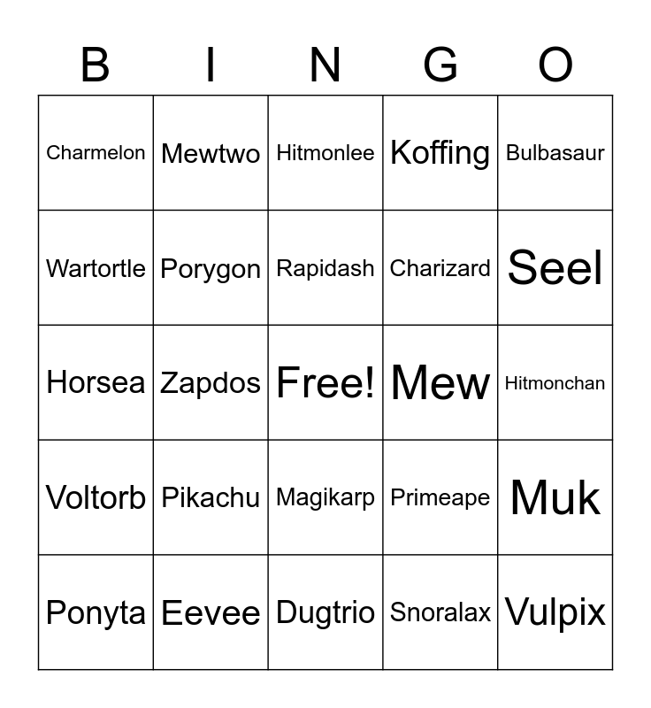 Gen 1 Pokemon Bingo Card