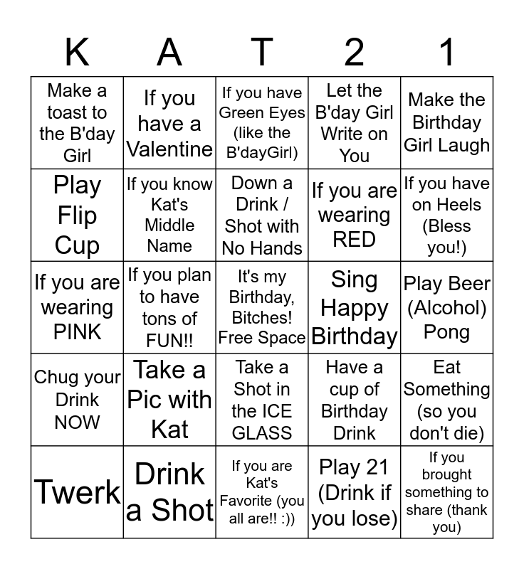 Kat's 21st Birthday / Valentine's Day Party Bingo Card