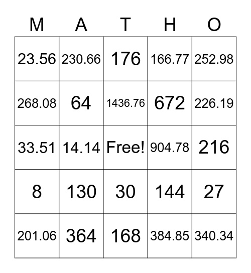 VOLUME MATHO Bingo Card