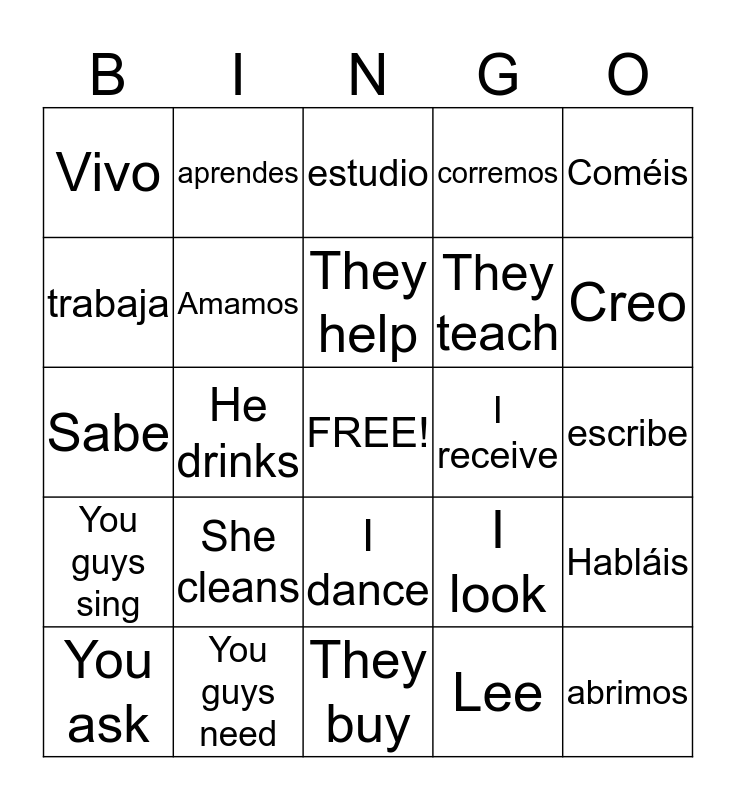 Verb Conjugations BINGO Card