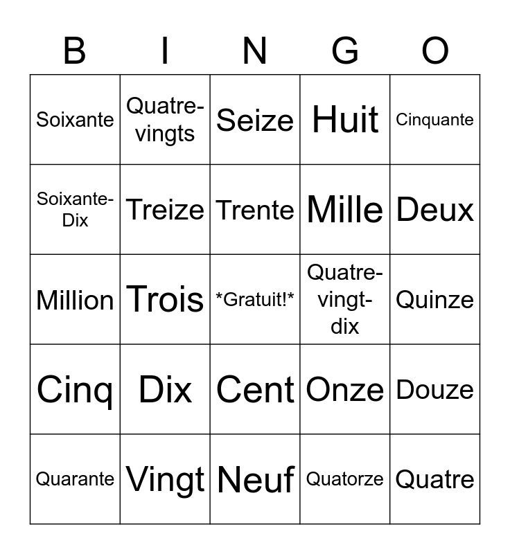 Les Nombres en français Bingo Card