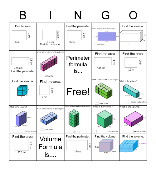 Area, Perimeter, & Volume Practice Mrs Matos Bingo Card