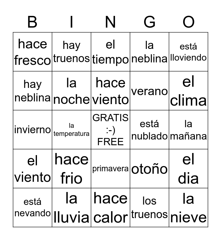 El clima / El tiempo Bingo Card